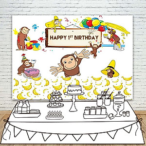 Curious George Backdrop 1st Birthday 5x3ft Yellow Banana Happy 1st Birthday Curious George Banner for Kids Vinyl Monkey Birthday Background First Birthday Party Decor