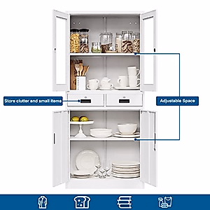 PEUKC Kitchen Pantry Cabinet, 71" Freestanding Kitchen Pantry Storage Cabinet with Drawer and Adjustable Shelves, Metal Tall Pantry Cabinet Cupborad with Glasses Doors, White