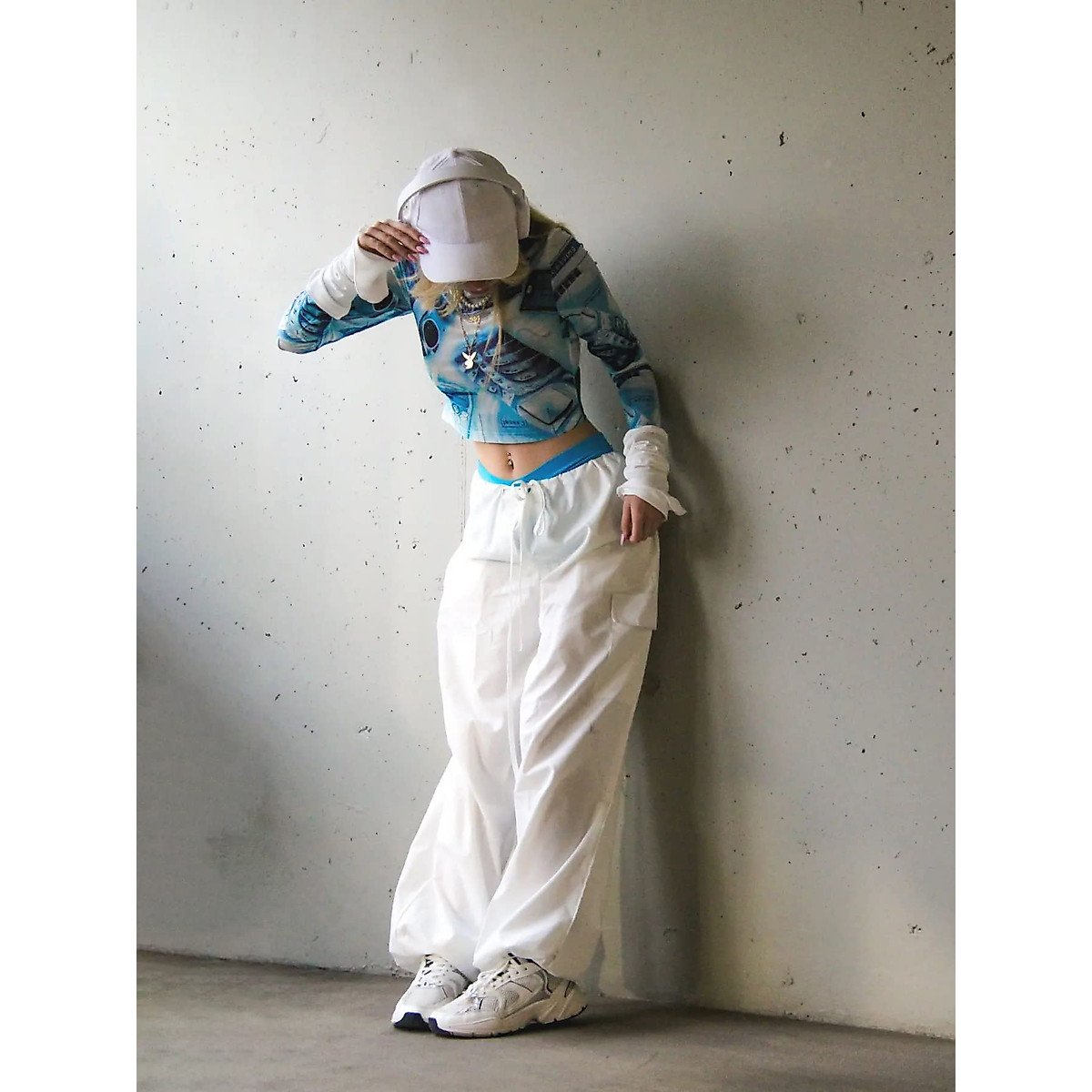 Xineicy Parachute Pants for Women Drawstring Baggy Cargo Pants Y2K Trouser Low Rised Jogger Sweatpants Loose Hip Hop A White