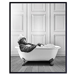 Funny Bathroom Decor for Men, Women - Cute Modern Bathroom Accessories - Bathroom Pictures - Bath Wall Decor - Monkey Chimp Wall Art - Cool Unique Bathroom Sign - Powder Room - Guest Bathroom Poster