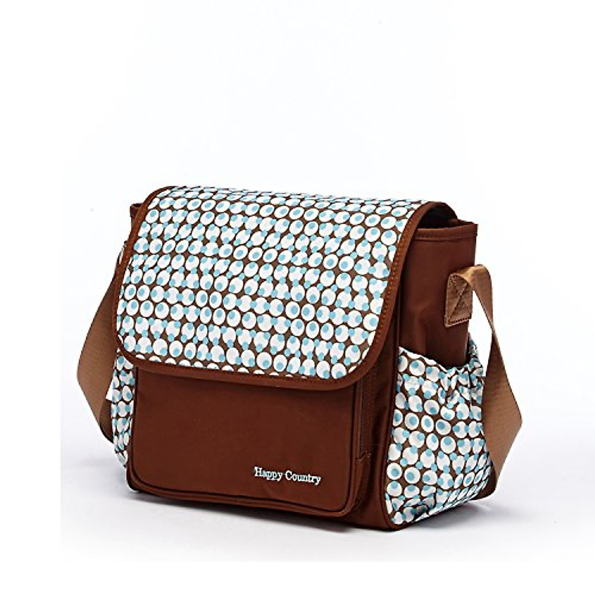 Diaper Bag Crossbody Baby Bag For Mom Turquoise Dots Brown Nylon Purse with Bottle Pockets For Travel Nappy Bag For Girls or Boys With Adjustable Wide Strap