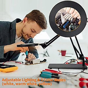 10X Magnifying Glass with Light, KUVRS 2-in-1Anti-Tipping Base & Clamp Magnifying Lamp, 3 Color Modes Stepless Dimmable, Adjustable Swing Arm Lighted Magnifying Glass for Hobby, Soldering, Close Work