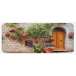 Lunarable Tuscan Kitchen Mat, Begonia Blossoms in Box Window Wooden Shutters Brick Wall Romagna Italy, Plush Decorative Kitchen Mat with Non Slip Backing, 47" X 19", Orange White Green