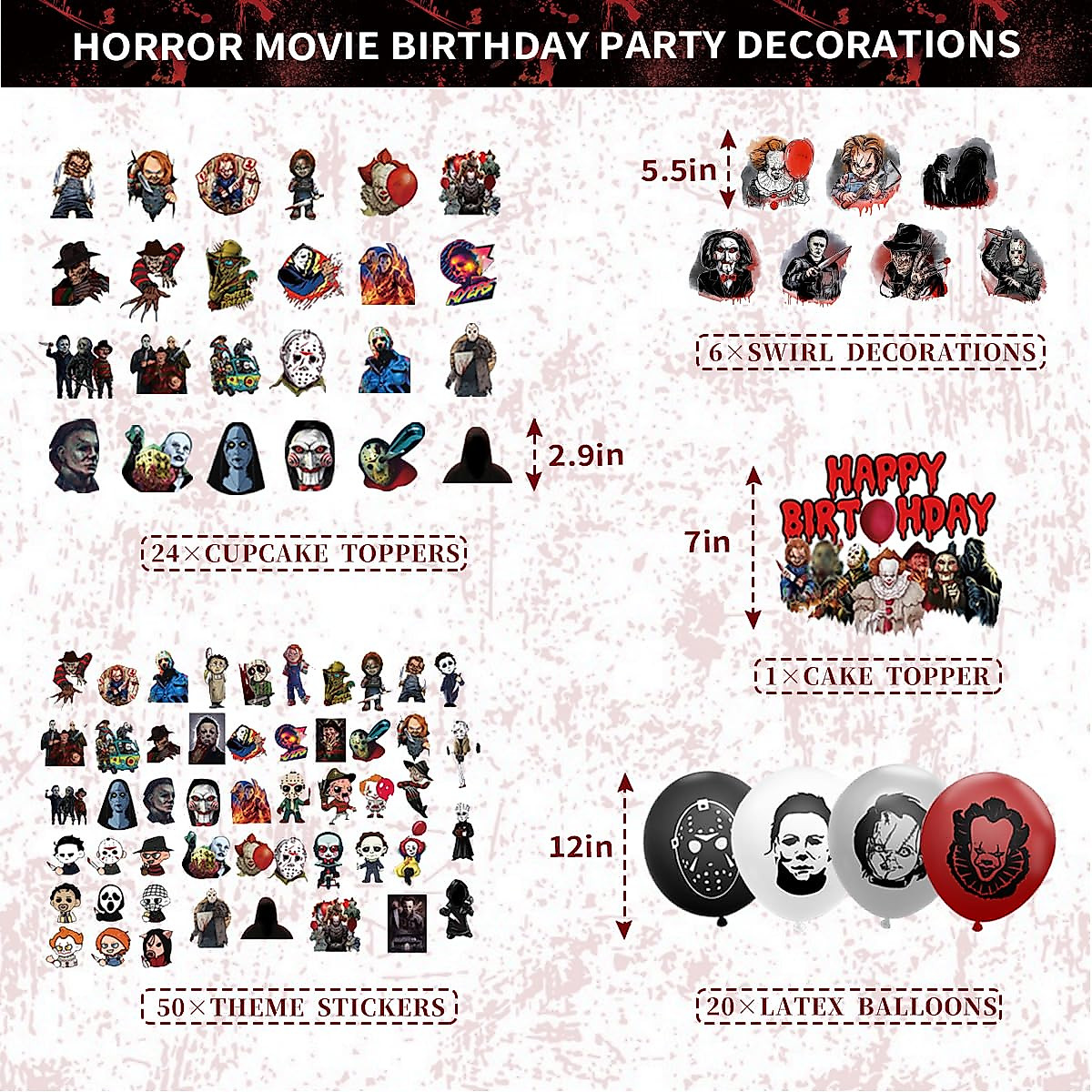 CAILESS Horror Party Decorations - 105Pcs Halloween Party Supplies Include Banner Backdrop Balloons Cake Toppers Sticker Tablecloth for Birthday Party