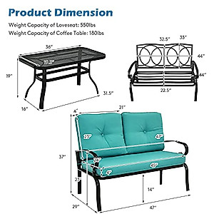 SMLJLQ 2PCS Patio Loveseat Bench Table Furniture Set Cushioned Chair Turquois Loveseat Coffee Table