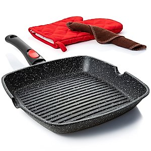 Moss & Stone Square Die Casting Aluminum Grill Pan, Removable Handle Griddle Nonstick Stove Top Grill Pan, for Meats & Vegetables, Dishwasher Safe 11In Square Pan with Detachable Handle