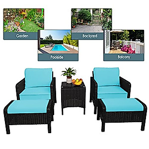 Increkid 5 Pieces Wicker Patio Furniture Set, Outdoor Rattan Conversation Chair Set w/Ottomans, Coffee Table, Cushions, Poolside Sectional Cushioned Sofa Set for Porch, Balcony, Lawn, Yard, Garden