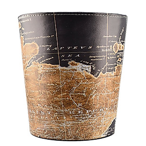 Scakbyer Wastebasket, Retro European Style Household Home Office Round PU Leather Waste Bin Paper Basket Trash Can Dustbin Garbage Bin Wastepaper Basket Ashcan Ashbin - Map