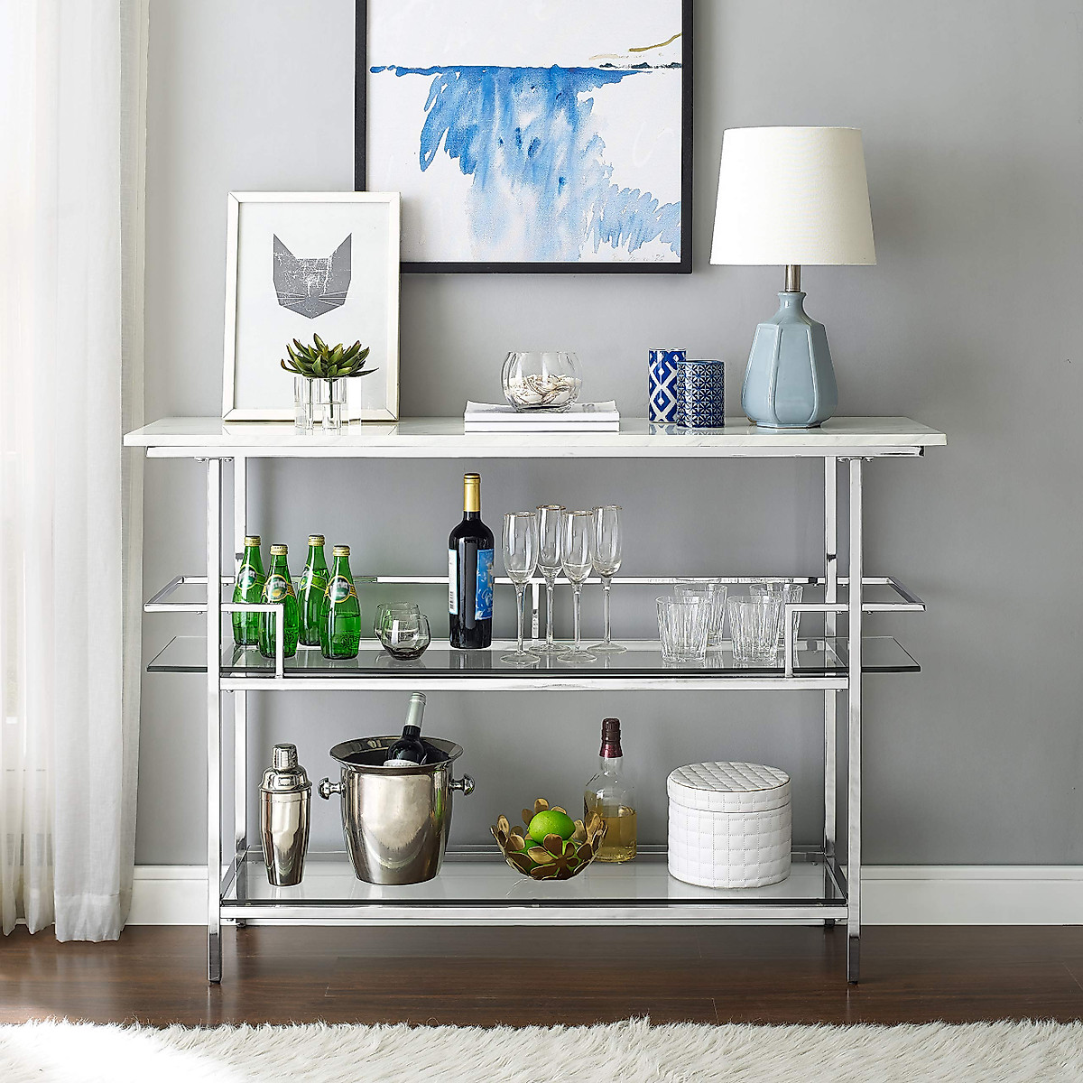 Crosley Furniture Aimee Bar with Paper Marble Top, Chrome Finish