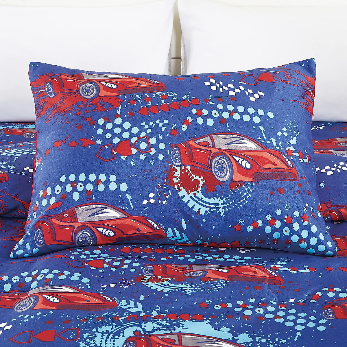 Red Race Cars print Comforter Set for Boys Girls teen, Twin size bedding for race car fan, include comforter fitted sheet, pillow sham and plush car shape pillow (Race Car Red, Twin)