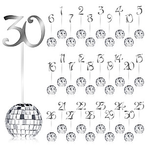 YLOLUL Wedding Table Numbers 1-30 Silver Disco Ball Table Number Holders for Wedding Reception Seat Table Numbers Stands for Wedding Birthday Event Party Decoration(Silver)