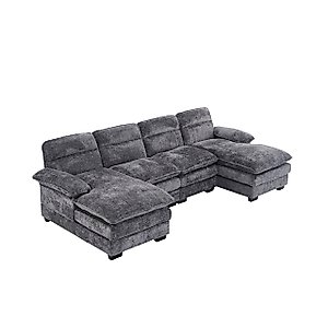 Chenille U Shaped Modular Sectional Sofa,6 Seat Couch 6 Deap Seats Corne, Oversized Convertible Upholstery,Symmetrical Sofa Cloud Couches with Double Chaise for Living Room Apartment (Grey)