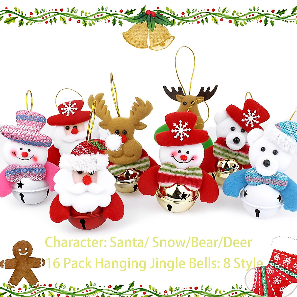 TOPZEA 16Pcs Christmas Bells Ornaments Pendant, Hanging Jingle Bells Felt Bulk Xmas Tree Decorations Santa Clause Snowman Reindeer Doll Elk Bear Ornament for Christmas, Door Home Decor