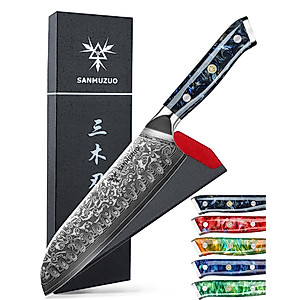 SANMUZUO Santoku Knife - 7 inch - Xuan Series - VG10 Damascus Steel Kitchen Knife - Resin Handle (Starry Black)