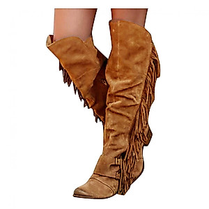 NOLDARES Womens Mid Calf Boots Chunky Heel Fringe Vintage Cowgirl Cowboy Western Knee High Boots Zipper Pointed Toe Boots