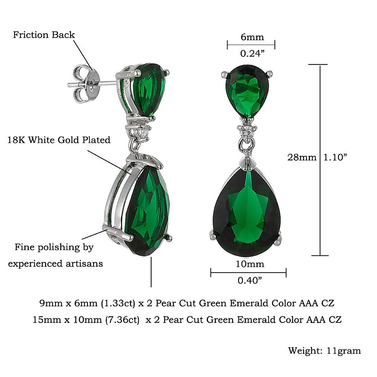 [RIZILIA CELEBOX] Teardrop Dangle Pierced 1.1" Earrings with Pear Cut CZ [Simulated Green Emerald] in White Gold Plated, Celebrity inspired by Angelina Jolie