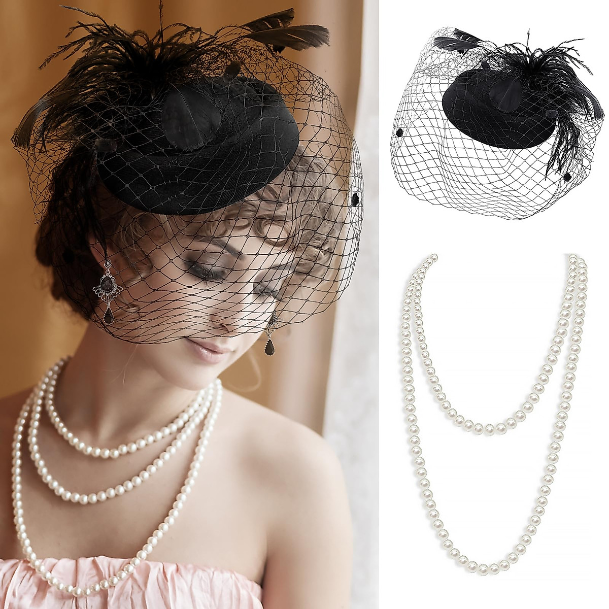 Black Vintage Feather Fascinators Hats Pillbox Hat Set 20s 50s Top Hat Lace Gloves Pearl Jewelry Set for Women Halloween Cocktail Tea Party Wedding