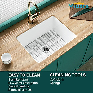 Miuara White Undermount Kitchen Sink 24 Inch - Small Topmount Wet Bar Sink Drop In 24"x19"x11", Dual Mount, Single Bowl, Fireclay Solid, with 2 Custom Accessories, White, for Kitchen & Laundry