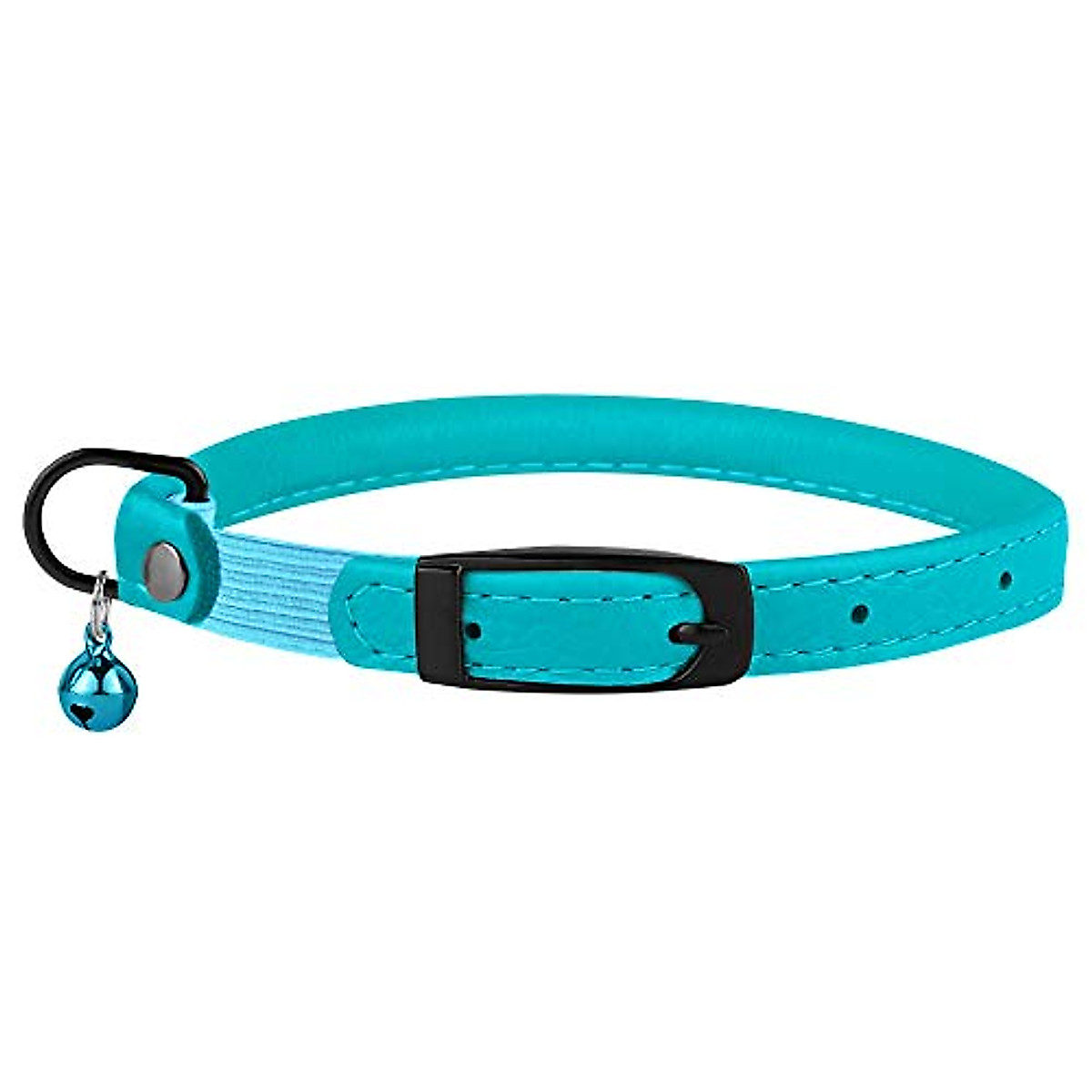 BRONZEDOG Cat Collar with Bell Safety Rolled Leather Collars for Cats Kitten Black Blue Pink Green Yellow Grey (8" - 10", Aqua Blue)