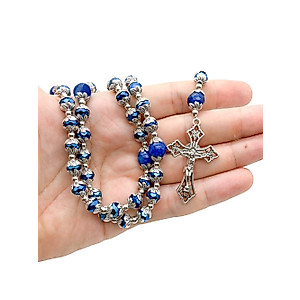 Nazareth Store Deep Blue Crystal Beads Rosary Blue Agate Glory Stone Beaded Necklace Miraculous Medal & Cross Crucifix Religious Rosaries Collection
