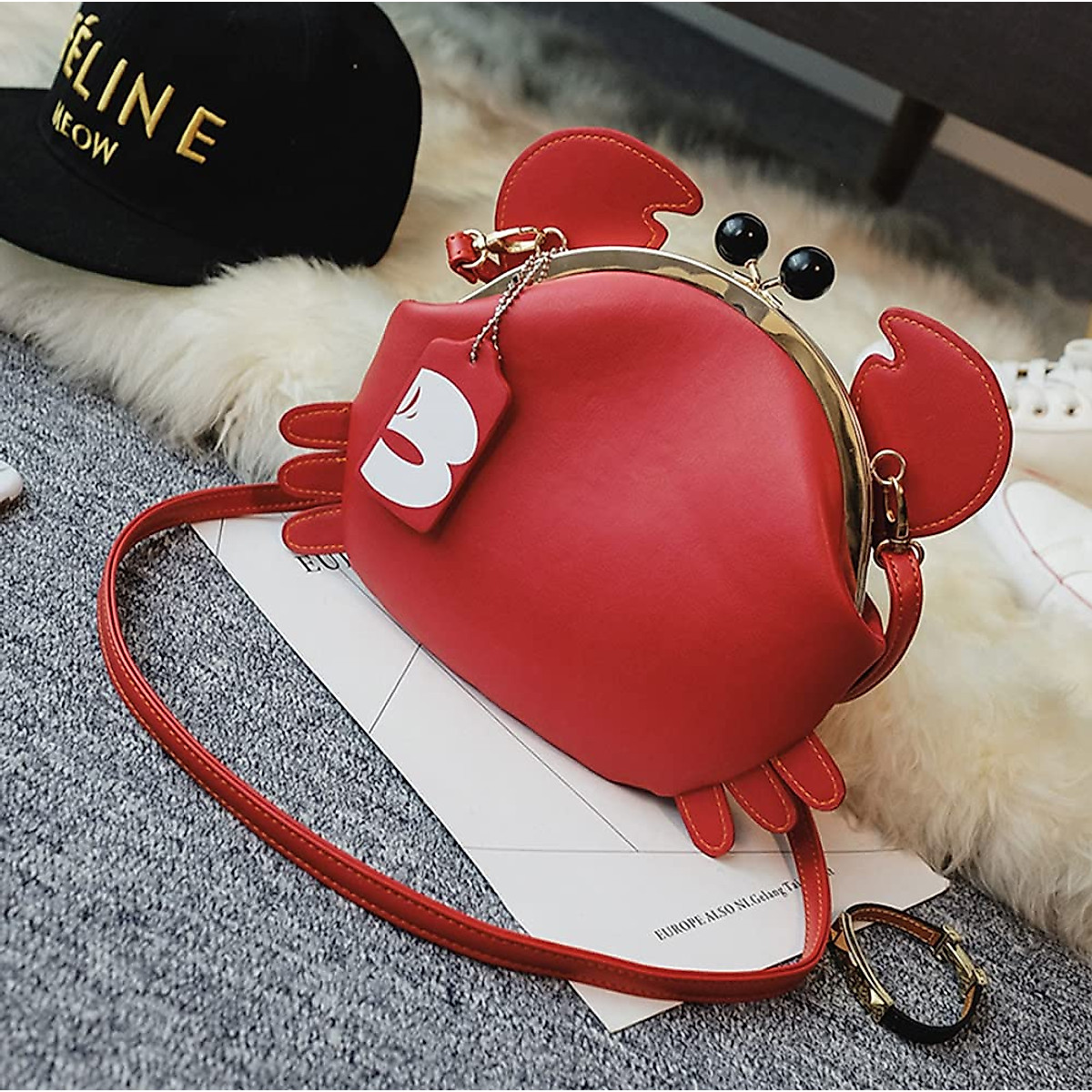 Personalized cartoon style ladies shoulder bag, crab-shaped messenger bag, animal style ladies handbag(Red)