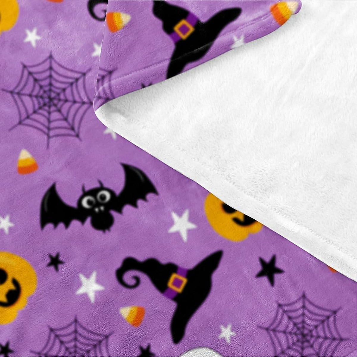 Halloween Throw Blanket for Couch and Bed Spider Webs Witch's Hat Black Bats and Decorated Pumpkins Print on Soft Blanket for Kids and Adult