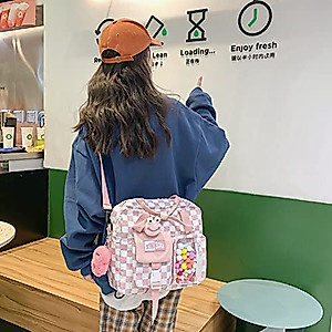 ASUYOERU Japanese Plaid Shoulder Backpack Korean Large Capacity Students Schoolbag, Pink, large 41*30*12cm