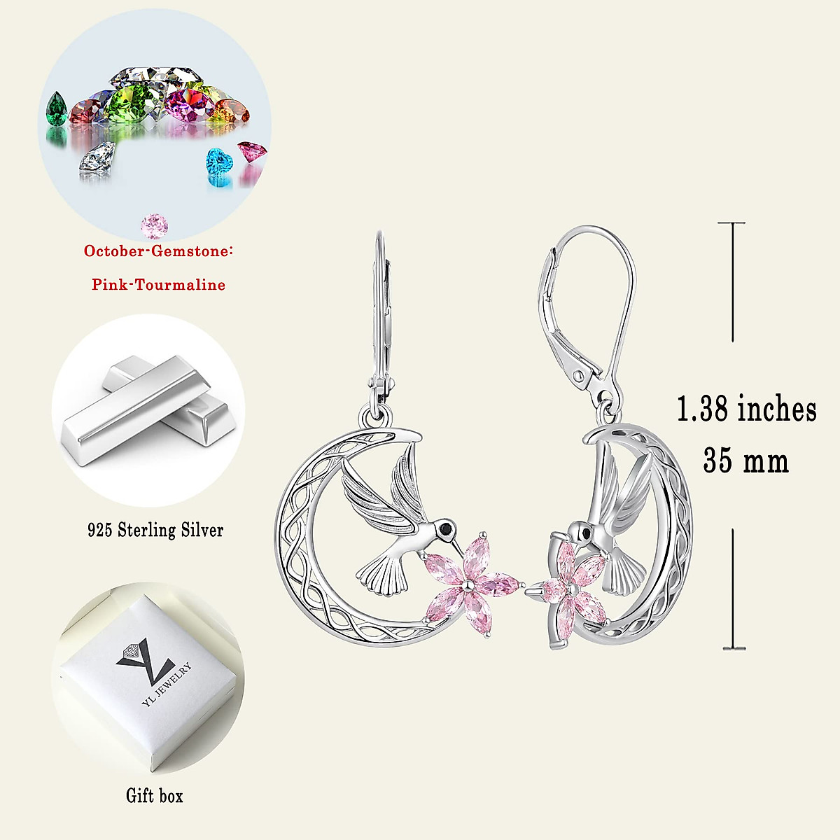 YL Hummingbird Earrings Sterling Silver Celtic Moon Flowers Dangle Drop Earrings Created Pink Tourmaline Leverback Jewelry for Women