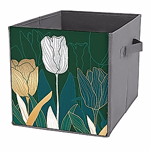 DamTma Gold Tulips Flowers Collapsible Storage Cubes Spring 10.6 Inch Fabric Storage Bins Storage Cubes with Handles Basket Storage Organizer for Clothes Pet Toys