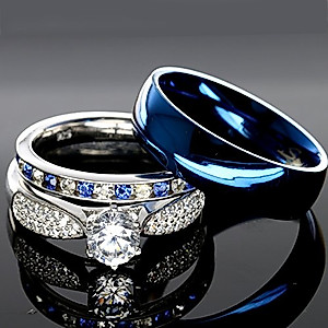 His and Hers 925 Sterling Silver Blue Saphire Stainless Steel Wedding Rings Set Blue #SP24BLMSBL (Size His 11, Hers 08)