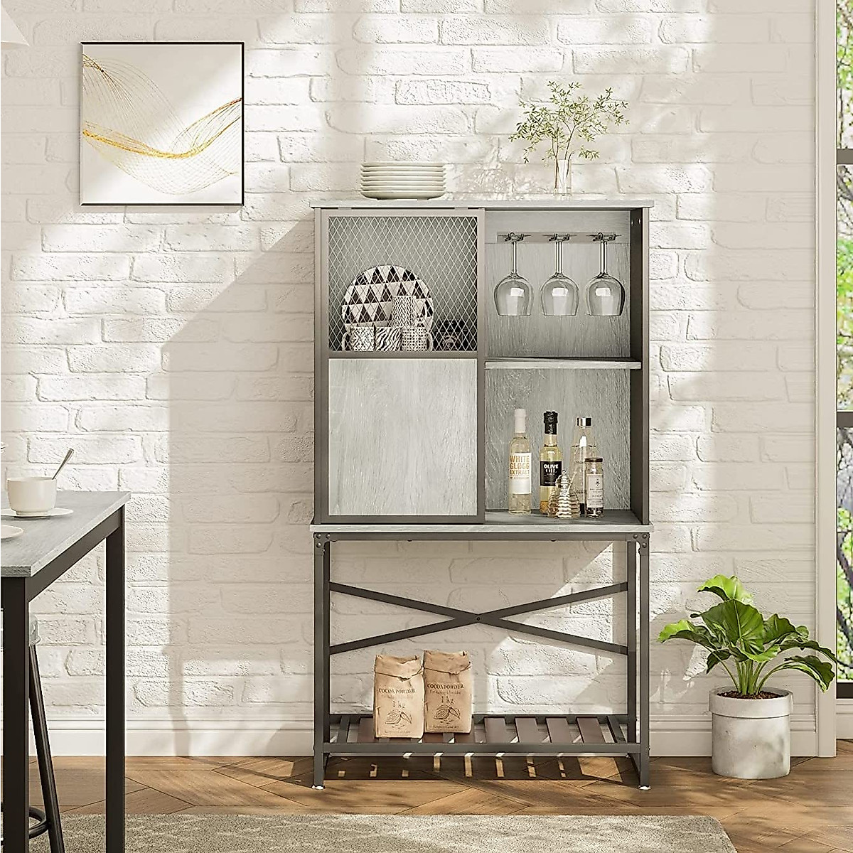 Bestier Wine Bar Cabinet for Liquor and Glasses Coffee Station Buffet Sideboard with Wine Glass Rack Mini Bar for Home Kitchen Storage Cabinet with Sliding Door and Open Shelf