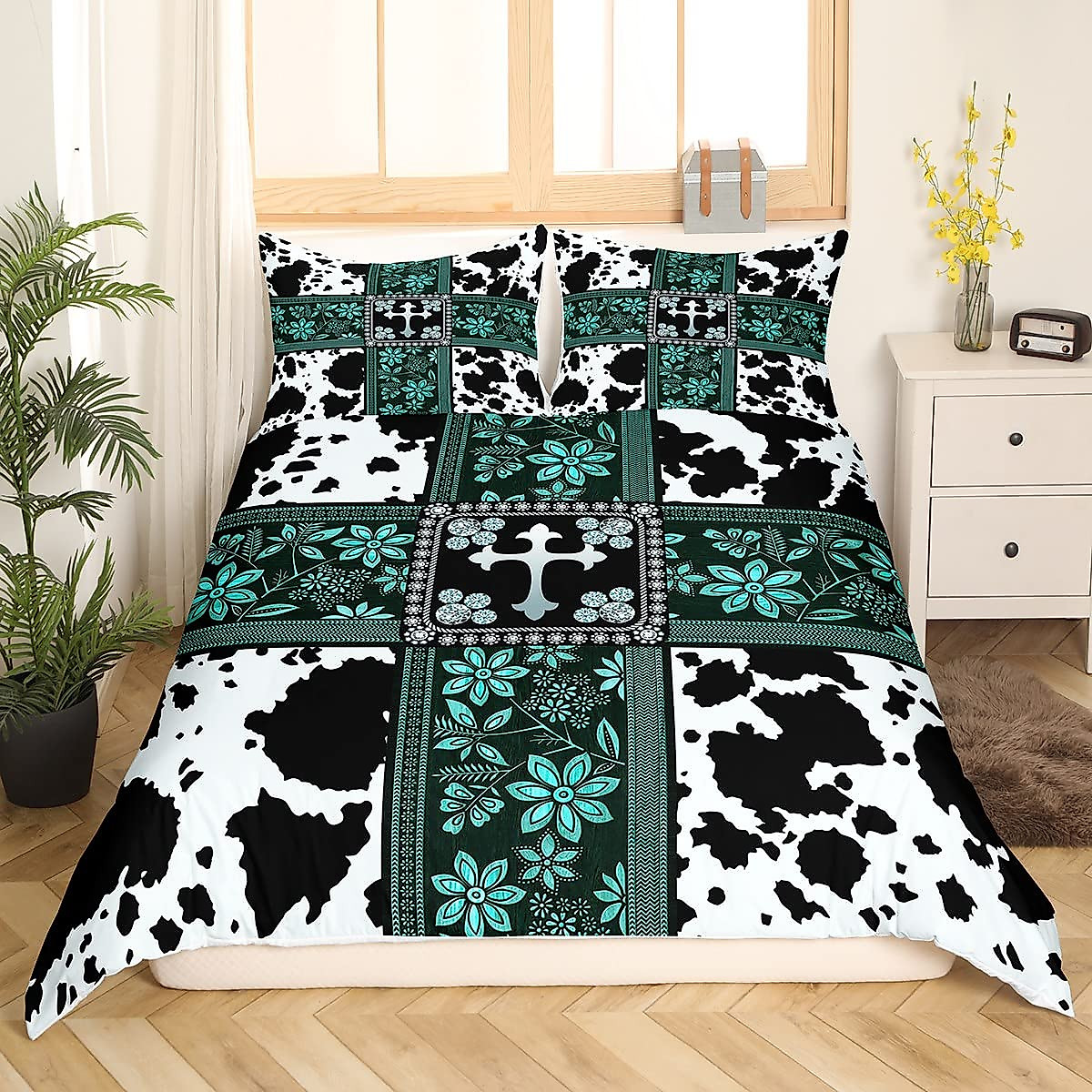 Erosebridal Cow Print Bedding Queen Floral Turquoise Decor Comforter Cover Western Cow Decor Duvet Cover Vintage Farmhouse Style Bedding Set Rustic Milk Cow Print Bedspread Cover,Black Green 3Pcs