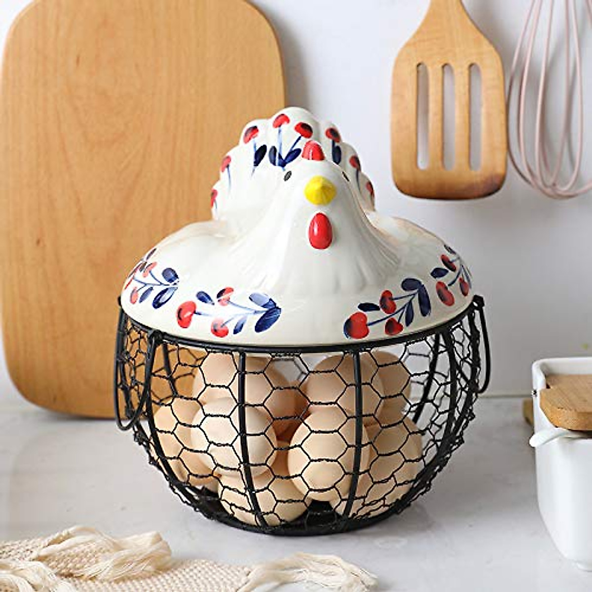 Chicken Design Ceramic Egg Storage Collect Basket, Holds 20-25 Eggs, Fresh Egg Holder, Organizer Case, Container for Counter