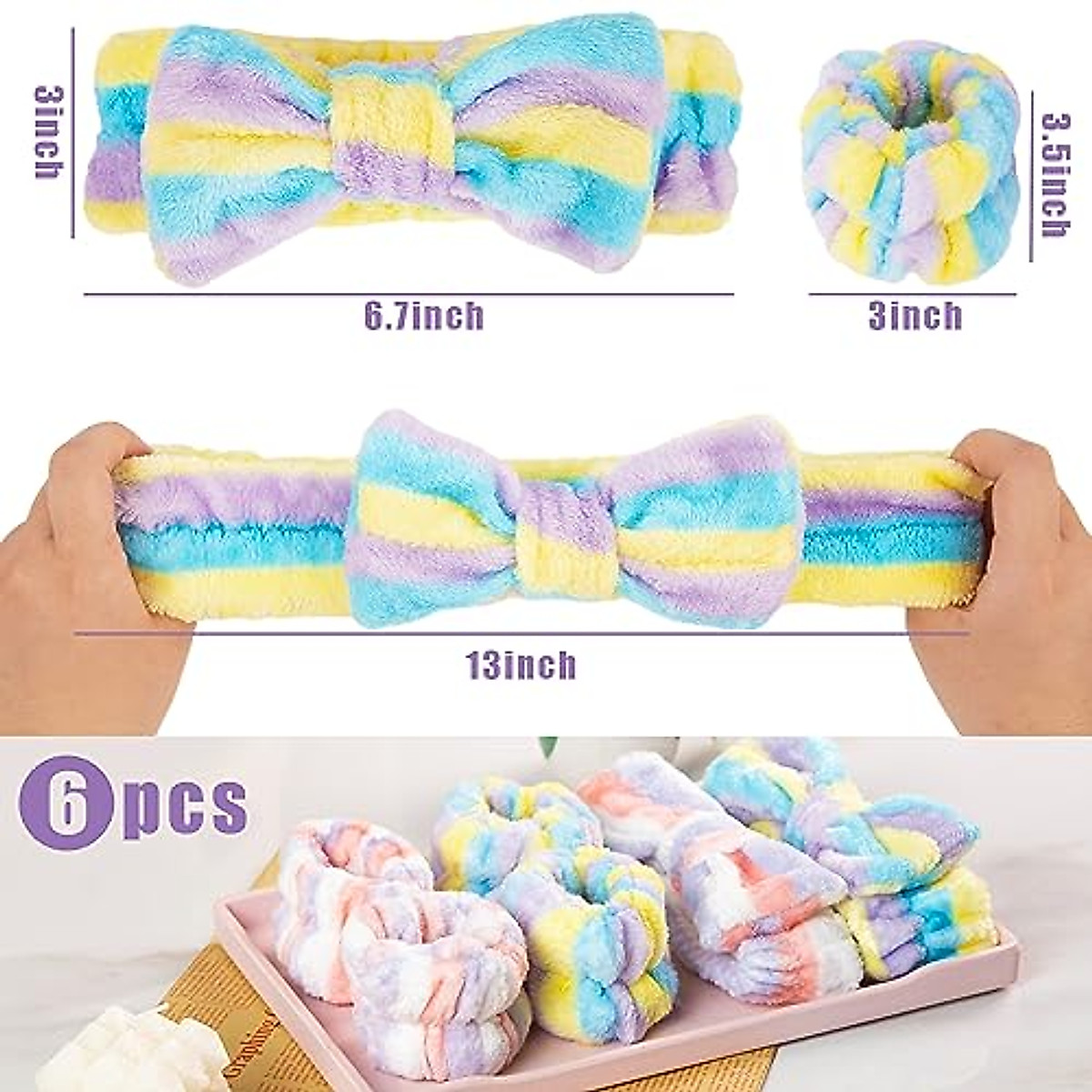 Shindel 6PCS Face Wash Headband Set, Makeup Wash Headbands with Wristbands Coral Fleece Bow Hair Bands for Women Spa Skin Care Yoga