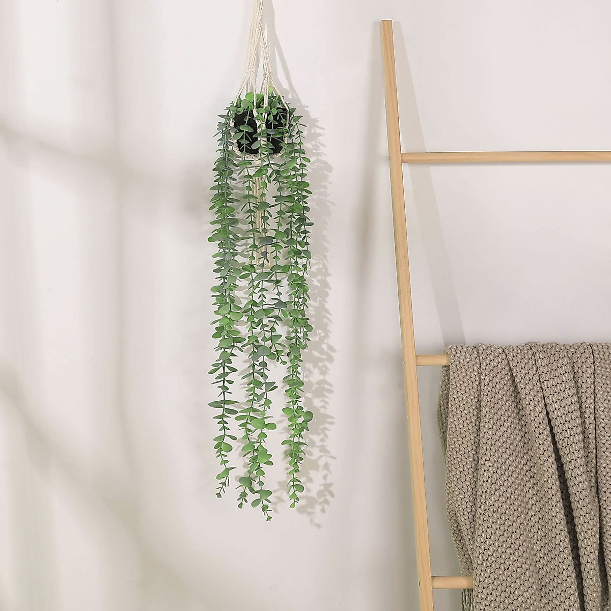 Asano Season Fake Plants Artificial Eucalyptus with Hanging Plant Hanger 2.6 FT Faux Greenery Vine Potted Plants in Black Pot and Cotton Rope for Boho Home Green House Garden Indoor Bedroom Décor