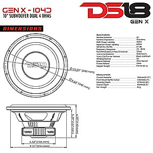 DS18 GEN-X104D Subwoofer in Black - 4 Layer Black Aluminum Voice Coil, 10", 800W Max Power, 400W RMS, Dual 4 Ohms, DVC - Powerful Car Audio Bass Speaker (1 Speaker)