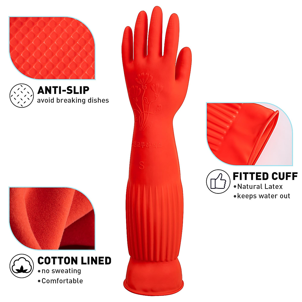 ThxToms Rubber Dishwashing Cleaning Gloves (2-Pair) - Fleece Lined, Reusable, Waterproof with Extra-Long Cuff & Anti-Slip Design for Household & Kitchen Use - Small