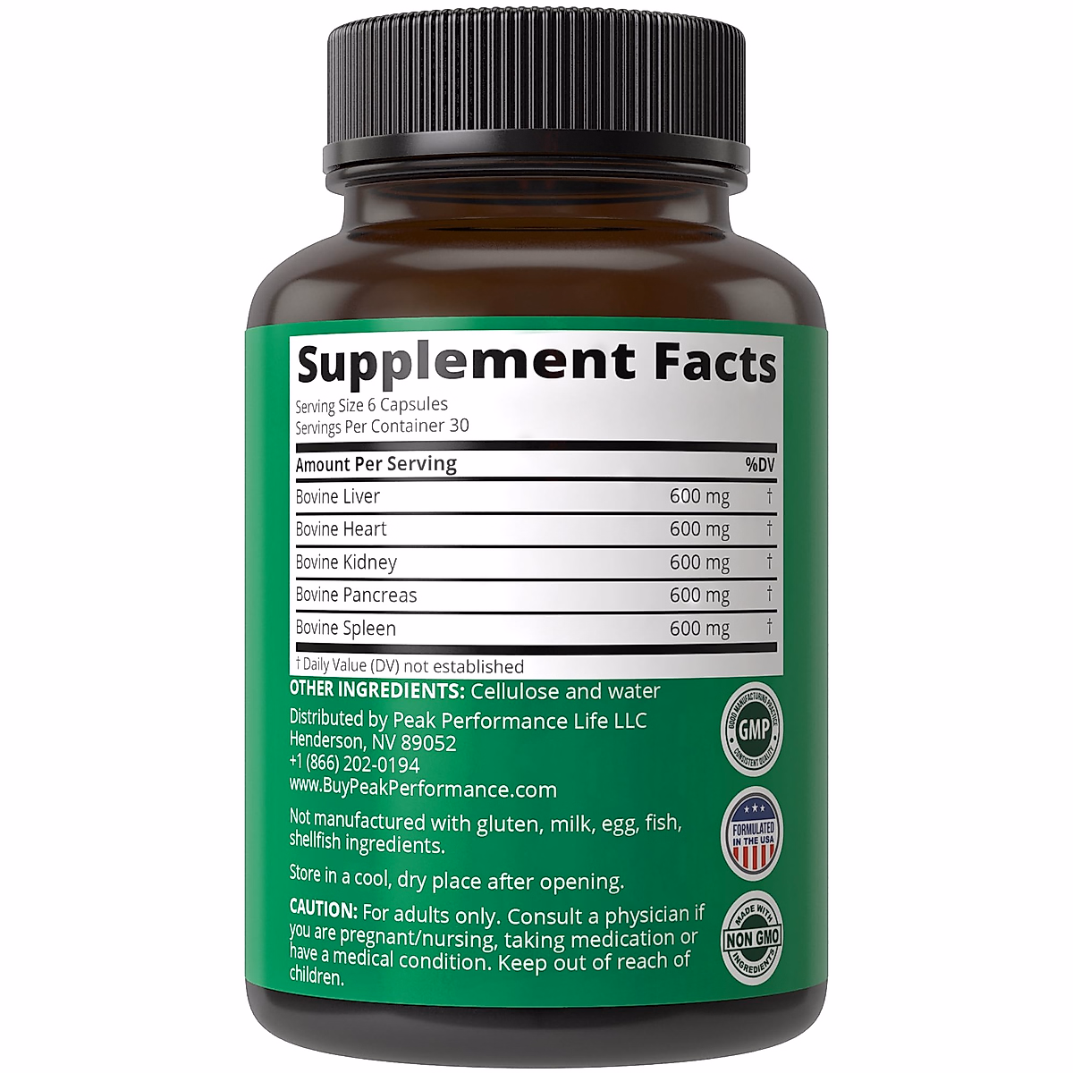 Peak Performance Grass Fed Beef Organ Complex from New Zealand (180 Capsules) Desiccated Organs Superfood Pills. GrassFed Beef Liver Capsules with Heart, Kidney, Pancreas, Spleen. Supplement