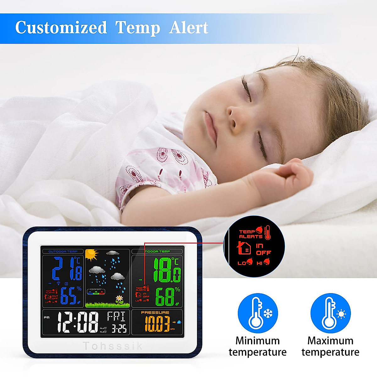 Weather Stations Wireless Indoor Outdoor Temperature Humidity Gauge, Large Color Display Home Weather Station with Barometer Weather Forecast and Adjustable Backlight