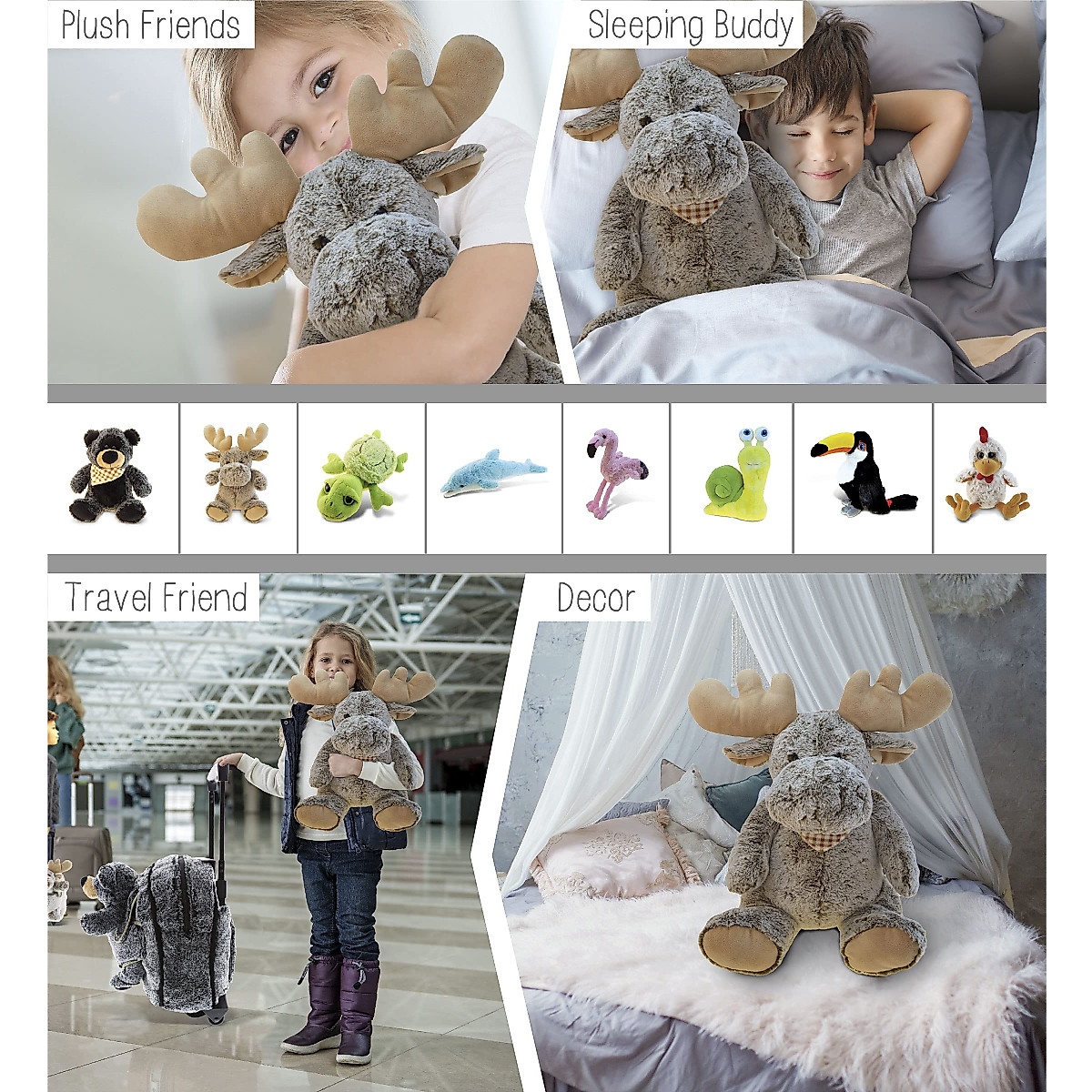 DolliBu Plush Moose Stuffed Animal Pillow Size - Super Soft Animal Pillow for Kids, Cozy Nap Buddy, Floor Pillow for Kids & Toddlers, Jumbo Hugging Plush, Travel Cuddle Pillow for Kids - 18 Inch