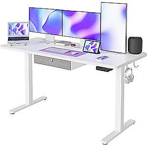 FEZIBO Standing Desk with Drawer, Adjustable Height Electric Stand up Desk, 63 x 24 Inches Sit Stand Home Office Desk, Ergonomic Workstation White Steel Frame/White Tabletop