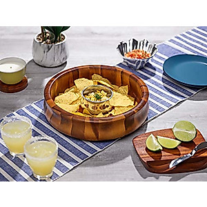 nambe - Nara Collection - Curved Chip & Dip Bowl 13" x 3.5" - Inner Mini Nambe Alloy Dip Bowl - Measures at 13" x 3.5" - Made with Nambe Alloy and Acacia Wood - Designed by Sean O'Hara