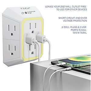 Tech2 Multi Plug Surge Protector with Night Light, 6 Outlets & 2 USB Ports A and USB C 2.4A Total, ETL Certified Adapter for Home, School, or Office