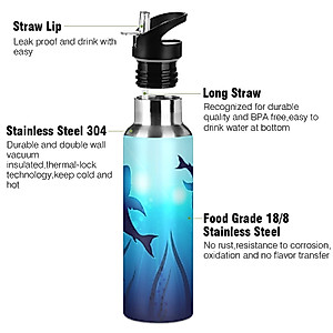 Shark Water Bottle with Straw Lid Thermos Ocean Kids Insulated Stainless Steel Water Flask 20 Oz Sharks Circling under The Water Ocean