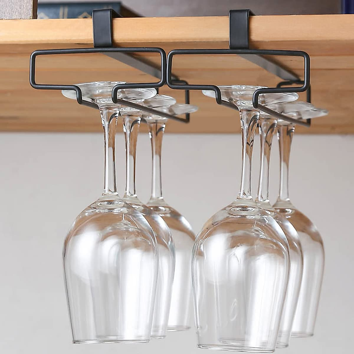 GeLive 10 Inch Under Shelf Wine Glass Holder Stemware Rack Under Cabinet Kitchen Hanger Metal Wine Glass Storage Organizer No Drilling, Fit for The Cabinet 1 Inch or Less (Black)