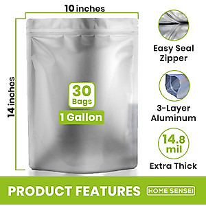 30pcs Mylar Bags for Food Storage with Oxygen Absorbers - Extra Thick 14.8 Mil - 1 Gallon Mylar Bags with Oxygen Absorbers 400cc- Ziplock Resealable Bolsas Mylar con absorbentes - Mylar Bag 1 Gallon