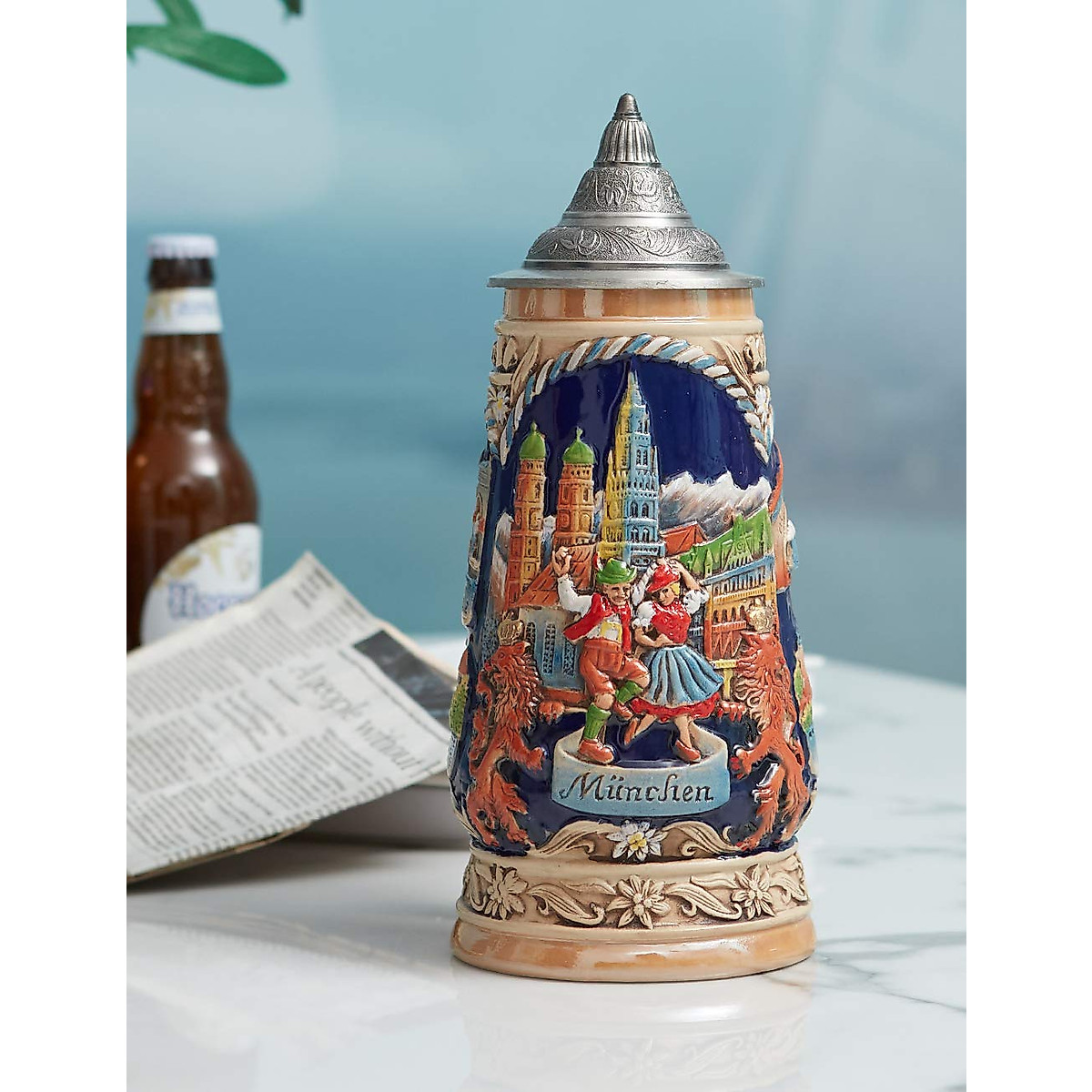 HAUCOZE Beer Stein Mug German Munich Bavarian Drinking Stanley Viking Tankard with Petwer Lid for Birthday Gifts Men Father Husband 1.0Liter