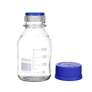 Pastein 10 Pieces 250 mL Graduated Round Reagent Media/Storage Glass Bottle With GL45 Blue Polypropylene Screw Cap