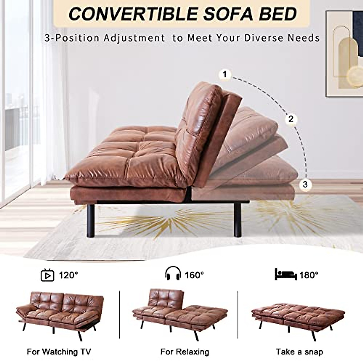Opoiar Futon Sofa Bed Couch Sleeper Sofa Convertible Small Love Seat Memory Foam Brown Faux Leather Sofa for Living Room Apartment Office, Easy to Assemble, Great Addition