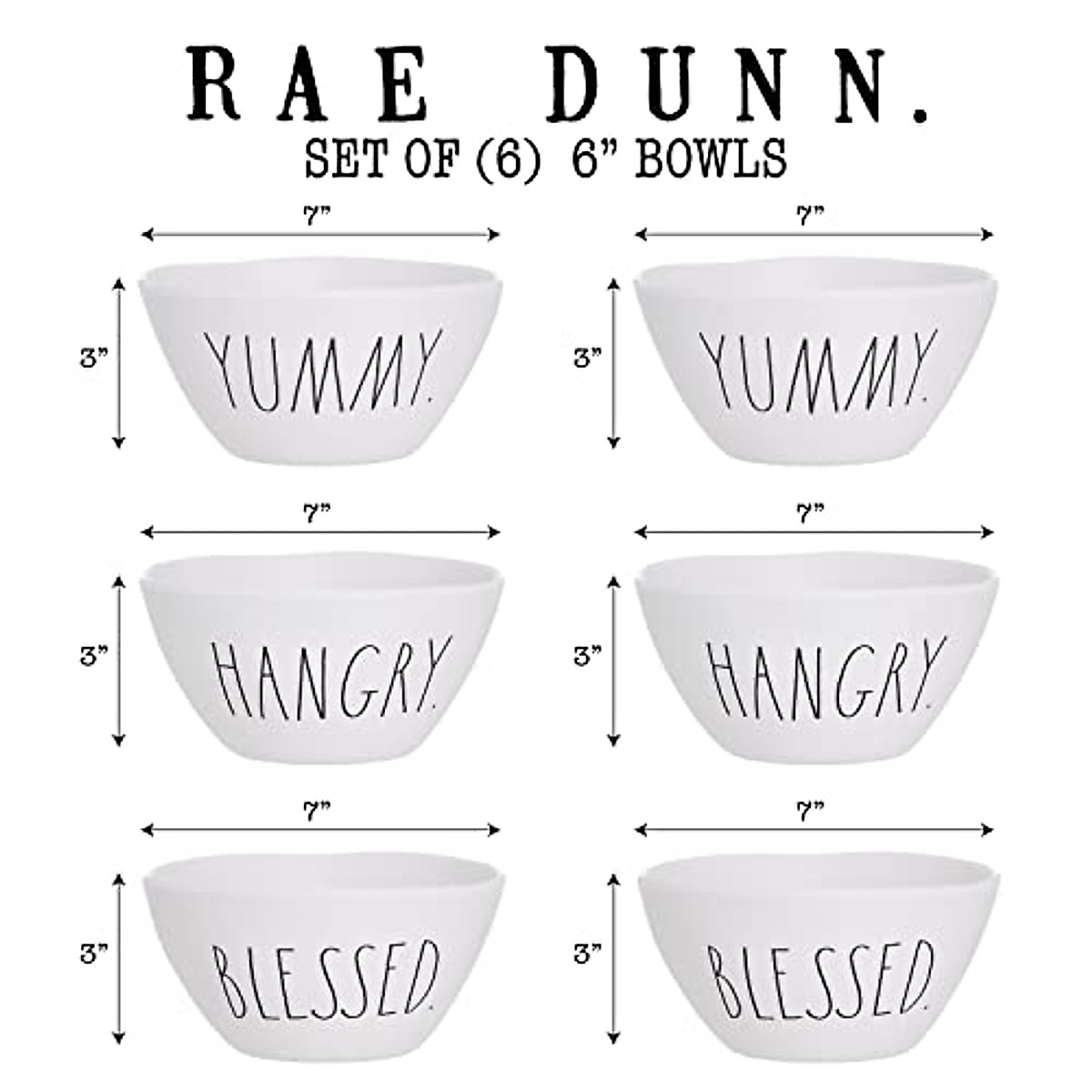 Rae Dunn Melamine Bowl Sets - Durable Dishwasher Safe Dinner/Cereal Bowls Set of 6 (6 inch) Bowl Set for Soup, Cereal, Pasta, Salads
